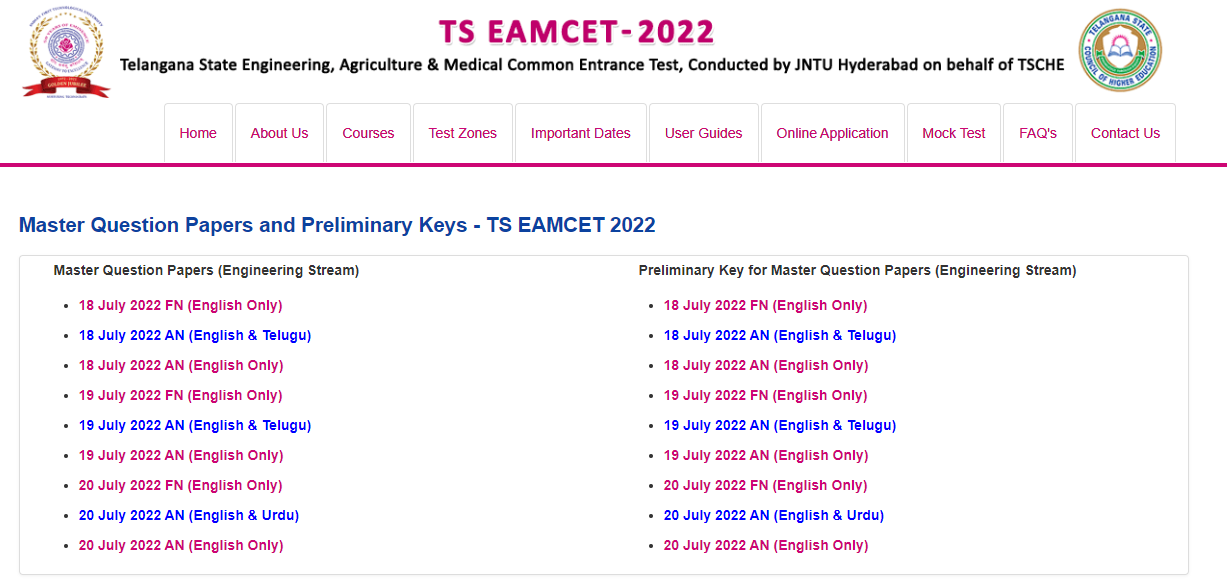 TS EAMCET 2022 Preliminary Answer Key (Out) - PDF Download, Engineering ...